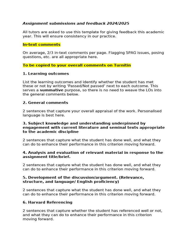 Assignment Feedback Guidelines 2024/2025 | PDF