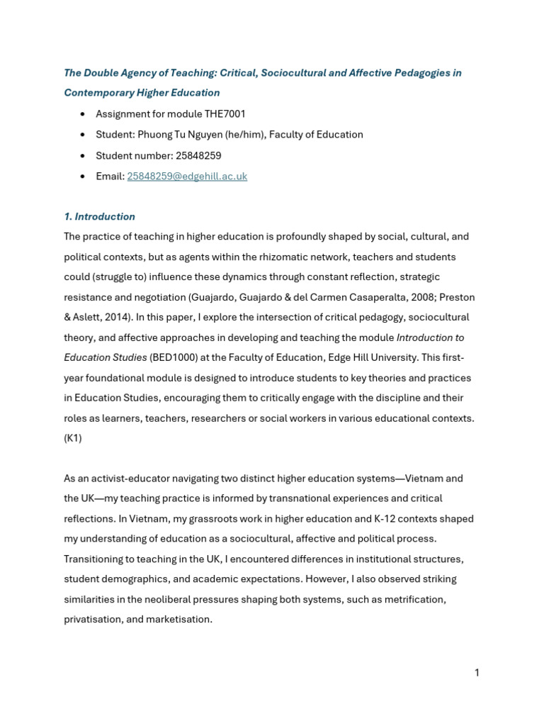 Teaching in Higher Education Reflection Assignment | PDF | Pedagogy | Learning