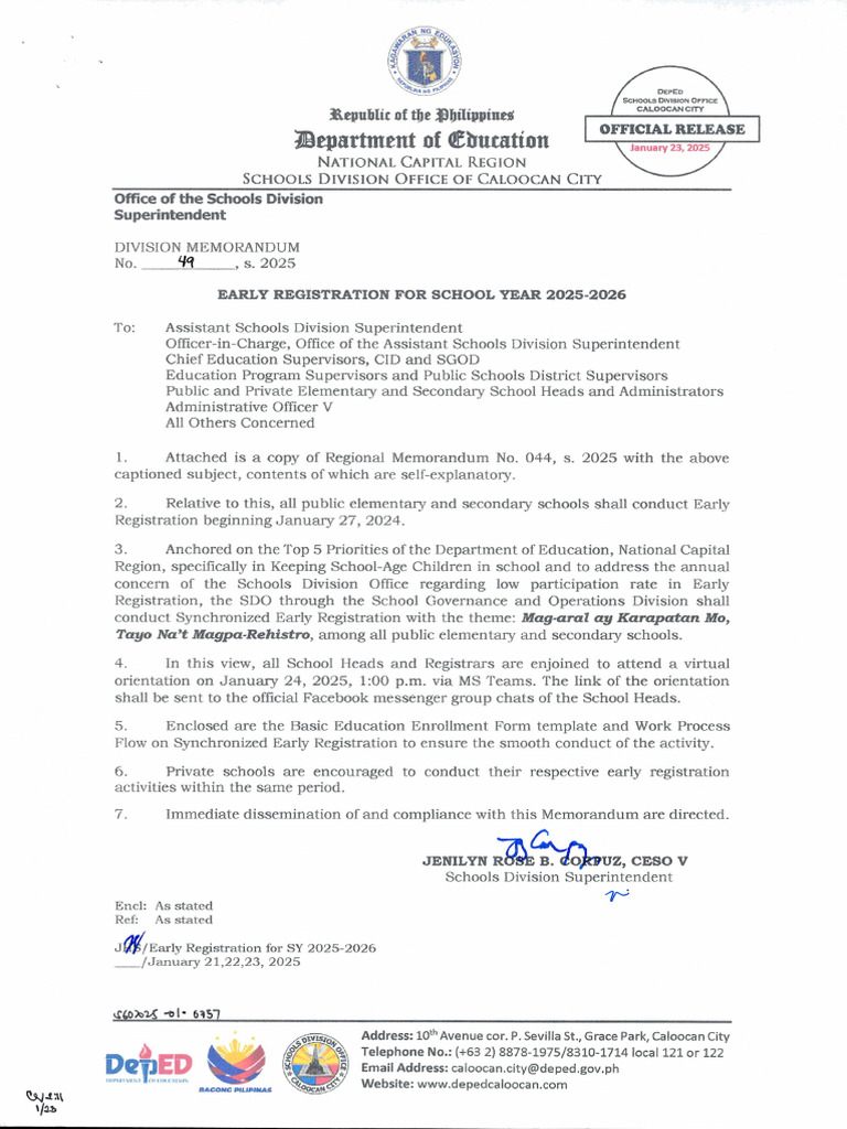 DM No. 49 S. 2025 Early Registration For School Year 2025 2026 | PDF