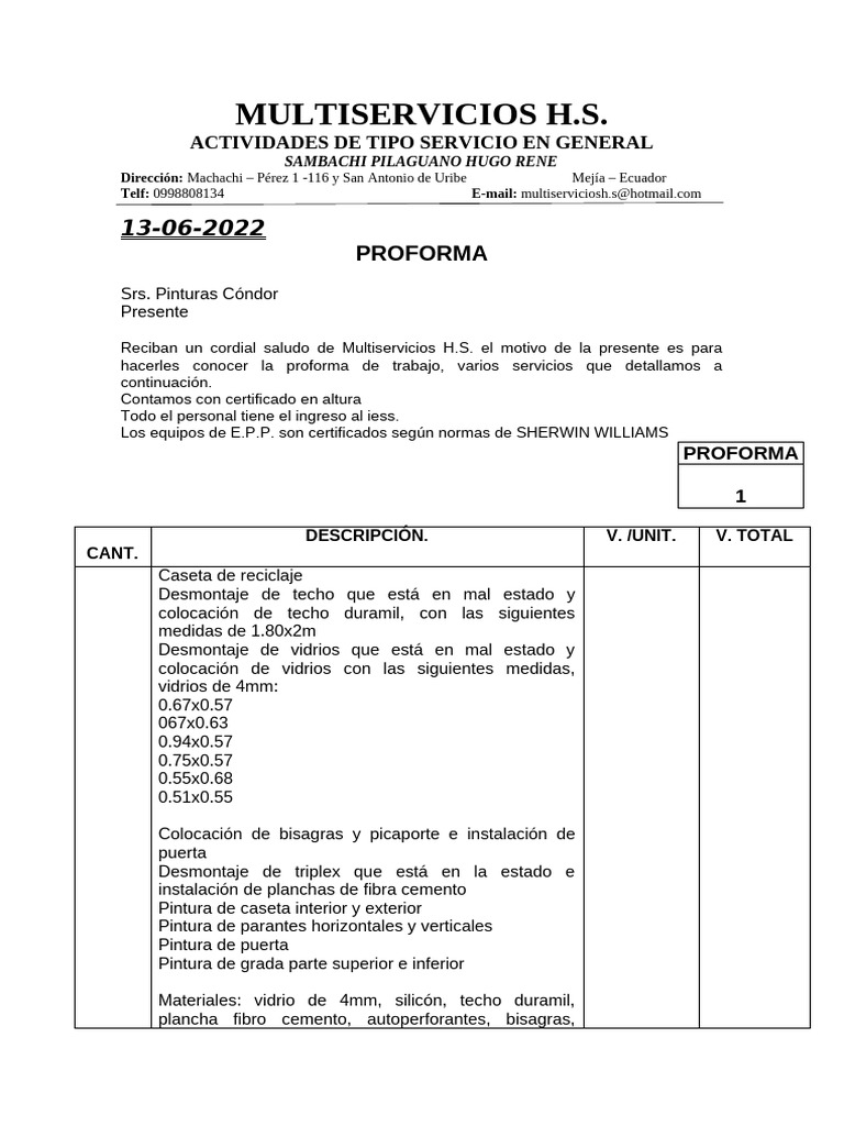 Multiservicios H.S.: Proforma | PDF