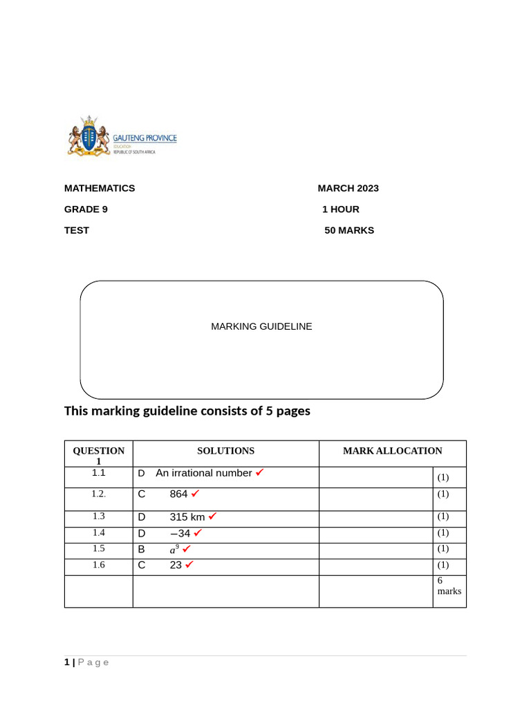 Grade 9 term 1 2023 test memo | PDF | Mathematics | Numbers