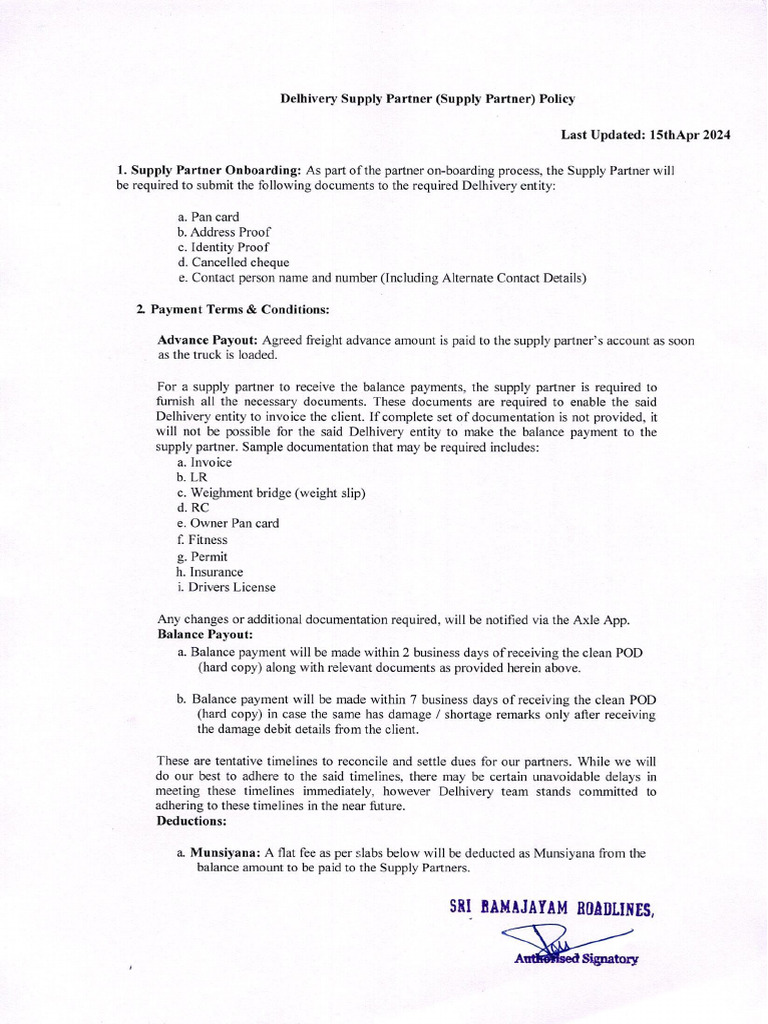 Orion Vendor Policy - Sri Ramajayam Roadlines 0001 0001 | PDF