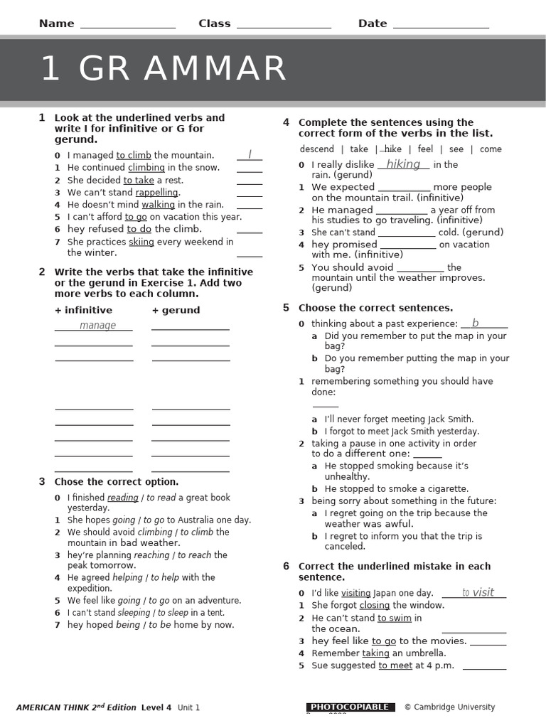 AmericanThink2ed - TR4 - Unit 1 Grammar Basic | PDF | Linguistic Typology | Syntax