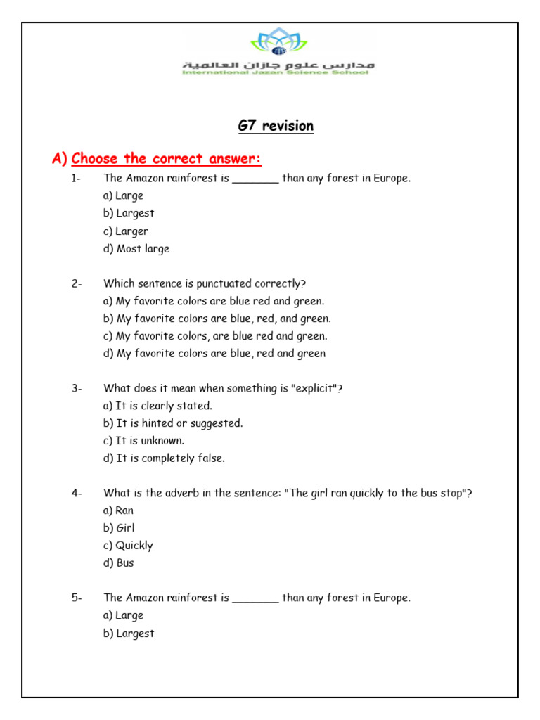 G7 English Language Practice Quiz | PDF | Grammar | Linguistics