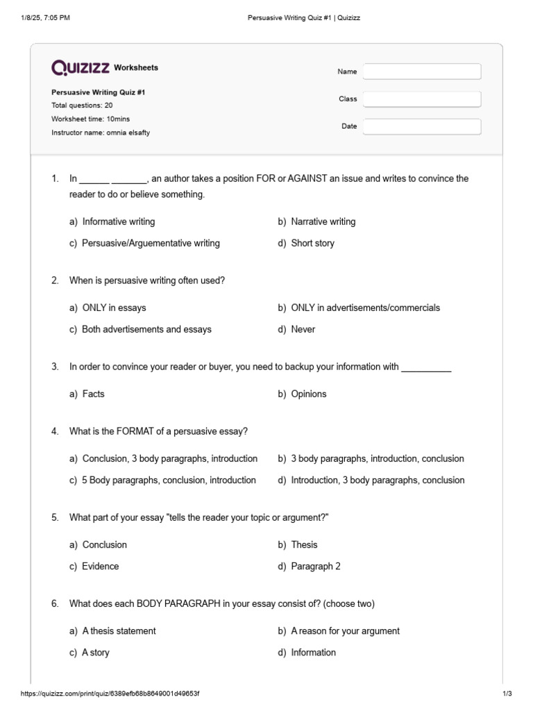 Persuasive Writing Quiz #1 _ Quizizz | PDF | Essays | Argument
