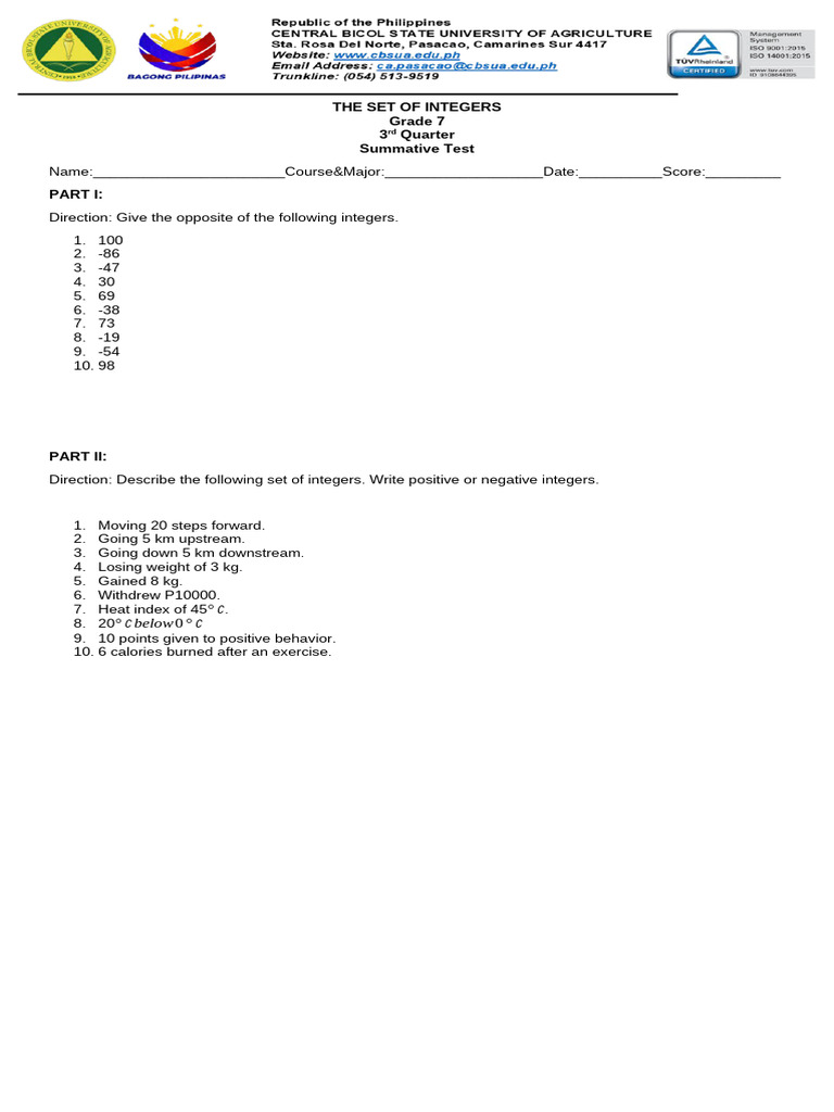 Grade 7 Integer Summative Test | PDF