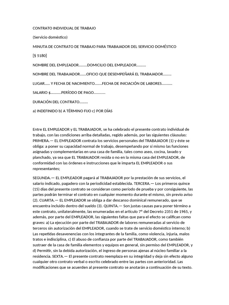 CONTRATO INDIVIDUAL DE TRABAJO MAYORODOMOS O EMPLEADOS DOMESTICOS. | PDF | Derecho laboral | Salario