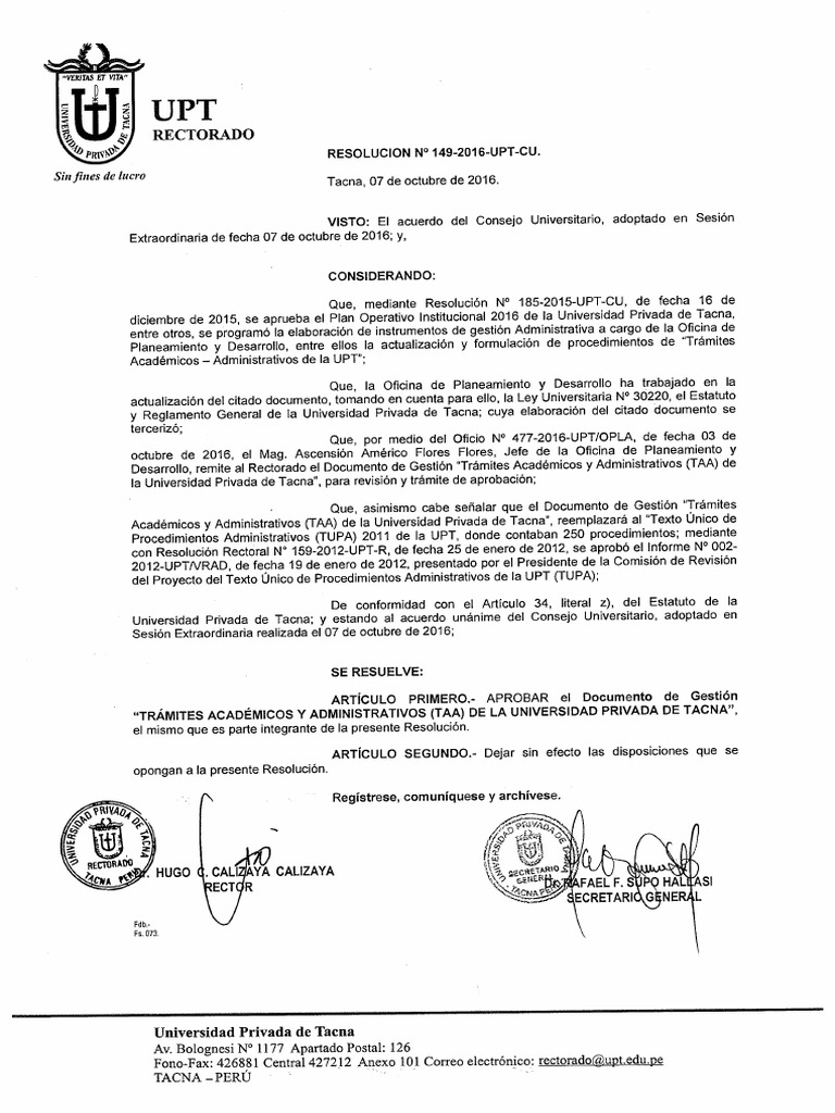 6174-R. 149-2016-UPT-CU TAA Ex TUPA UPT | PDF | Perú