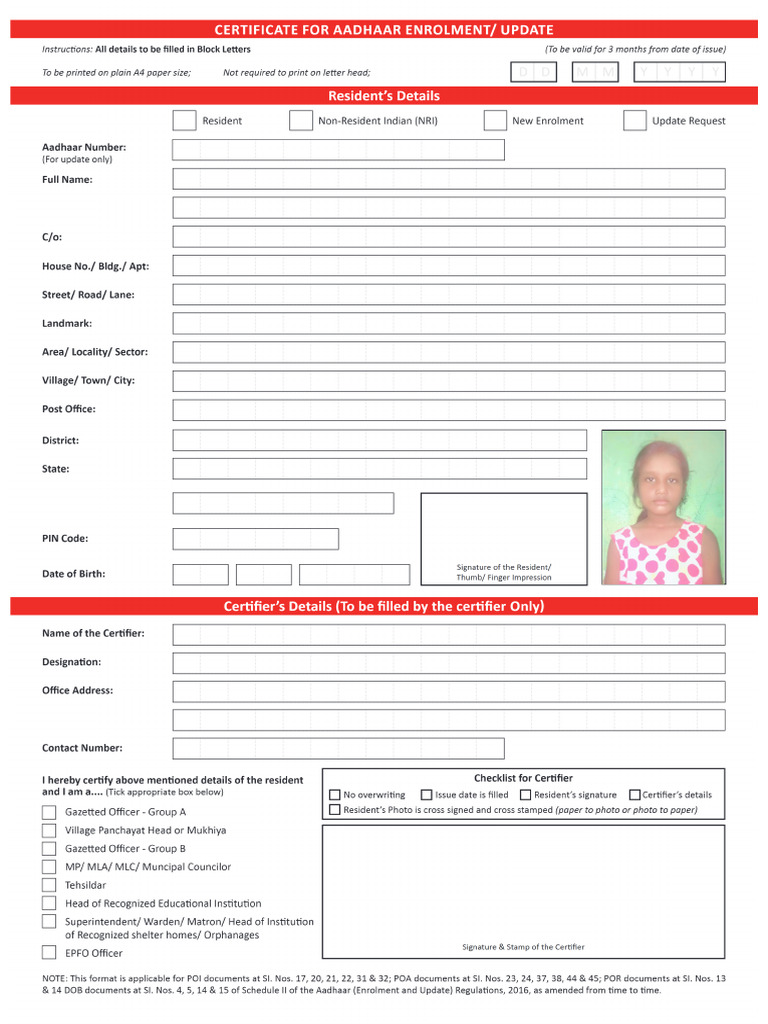 List of Supporting Document For Aadhaar Enrolment and Update PDF | PDF