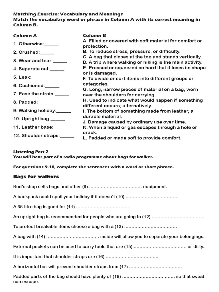 Vocabulary Matching Exercise Guide | PDF | Backpack