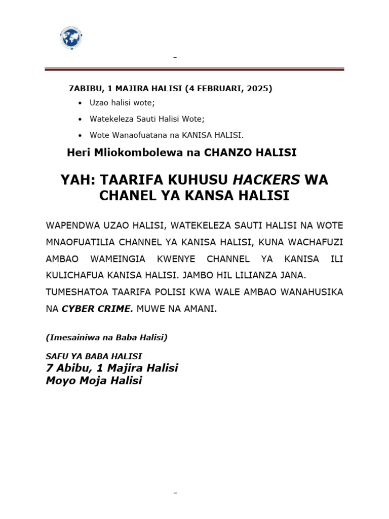 Taarifa Kuhusu Hackers Wa Channel Ya Kanisa Halisi | PDF