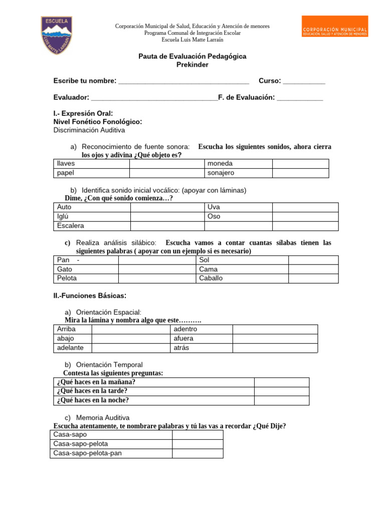 Evaluación Pedagógica Prekinder | PDF | Educación de la primera infancia