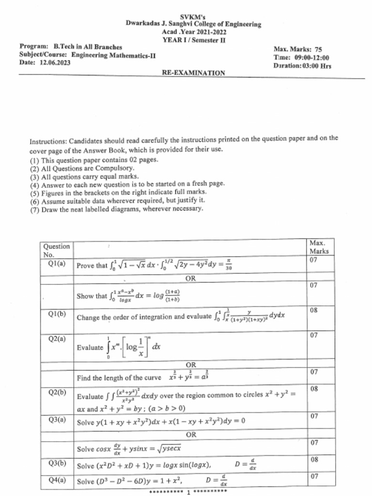 Engineering Mathematics-Ii QP | PDF