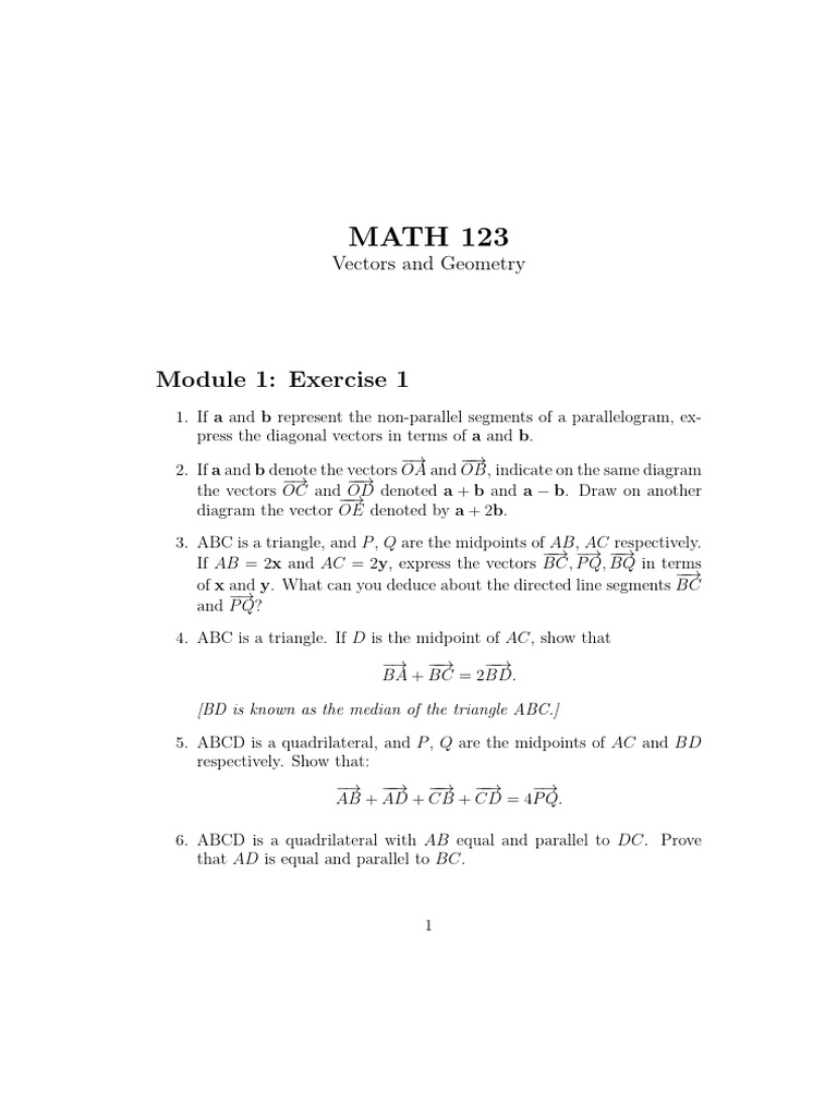 Vectors and Geometry Exercises in MATH 123 | PDF | Euclidean Plane ...
