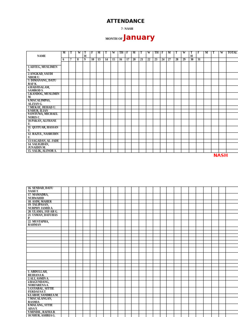 January Attendance Register | PDF