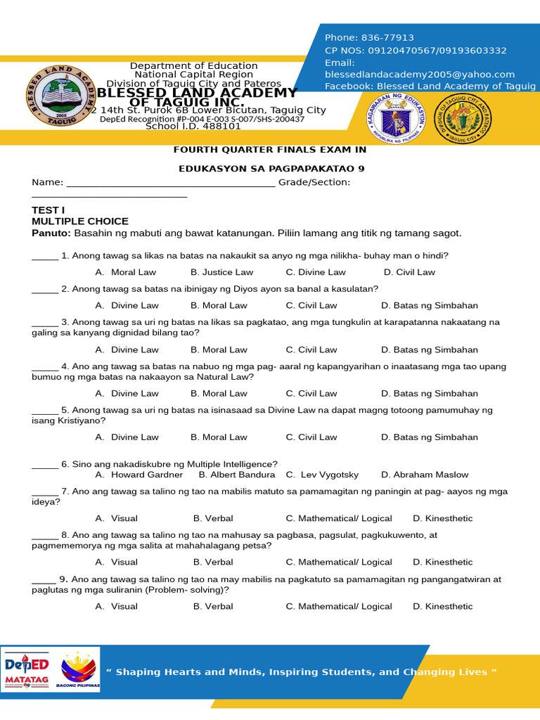 FOURTH FINALS Grade 9 ESP - Copy - Copy - Copy - Copy - Copy_011414 | PDF