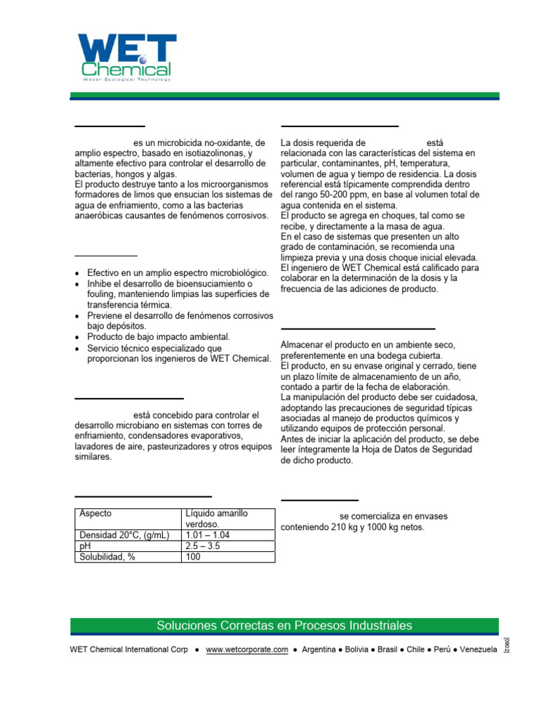 Ficha Tecnica BACTERICIDA WETCOOL 703 | PDF | Agua | Contaminación