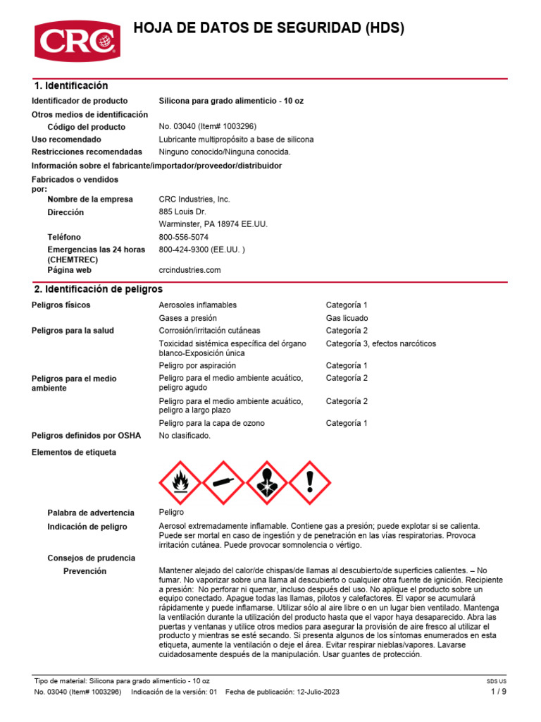 FDS Food Grade Silicone Aerosol CRC IND - Imp SGA 2023 | PDF | Agua | Toxicología