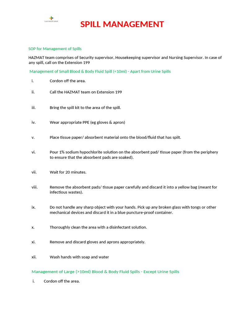 Hospital Spill Management Procedures | PDF | Safety