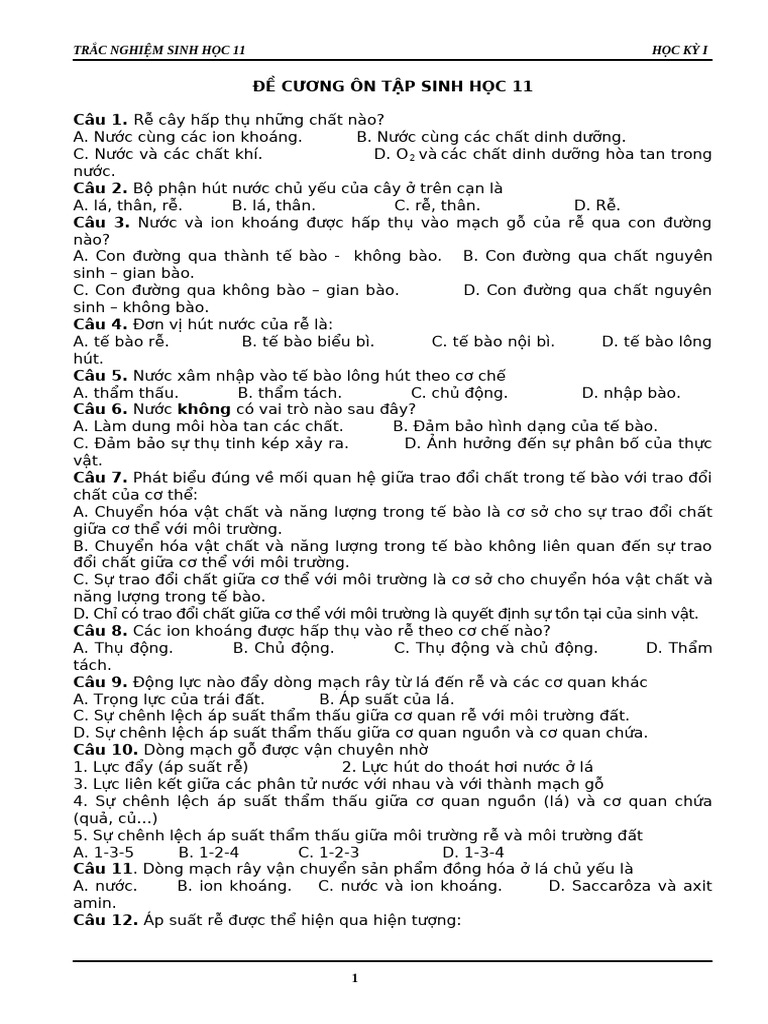 Trac nghiem sinh hoc 11 theo bai | PDF