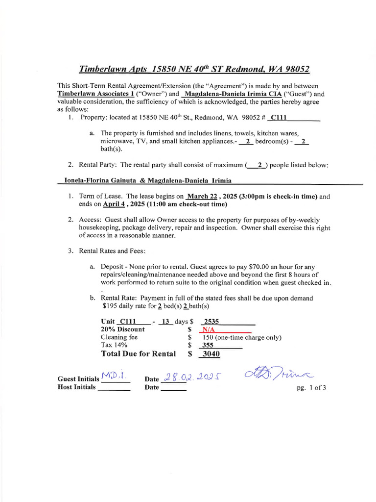 Timber Lawn - Rental Agreement | PDF