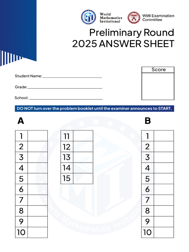 WMI 2025 Preliminary Round Answer Sheet | PDF