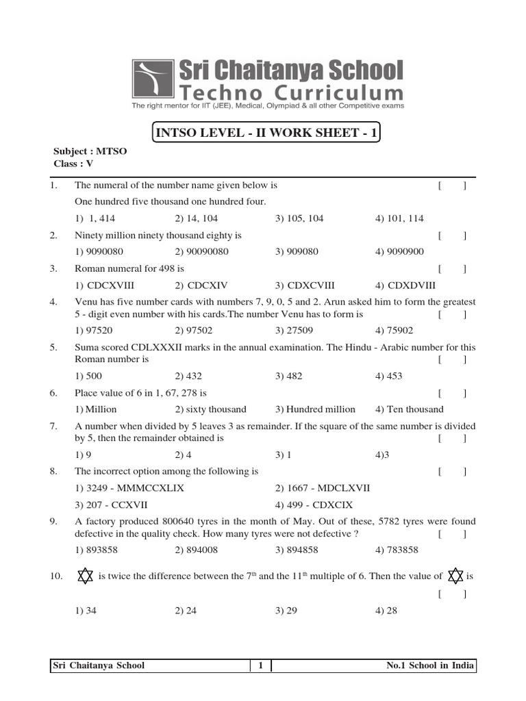 5th Class Mtso Level - II Work Sheet - 1 | PDF | Notation | Lexicology