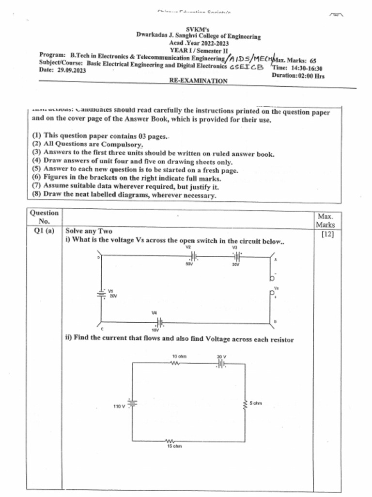 Re-Exam-BEEandDE QP Sem II EXTC AIDS MECH CSEICB Sept 2023 UBdNMvqvn4 | PDF