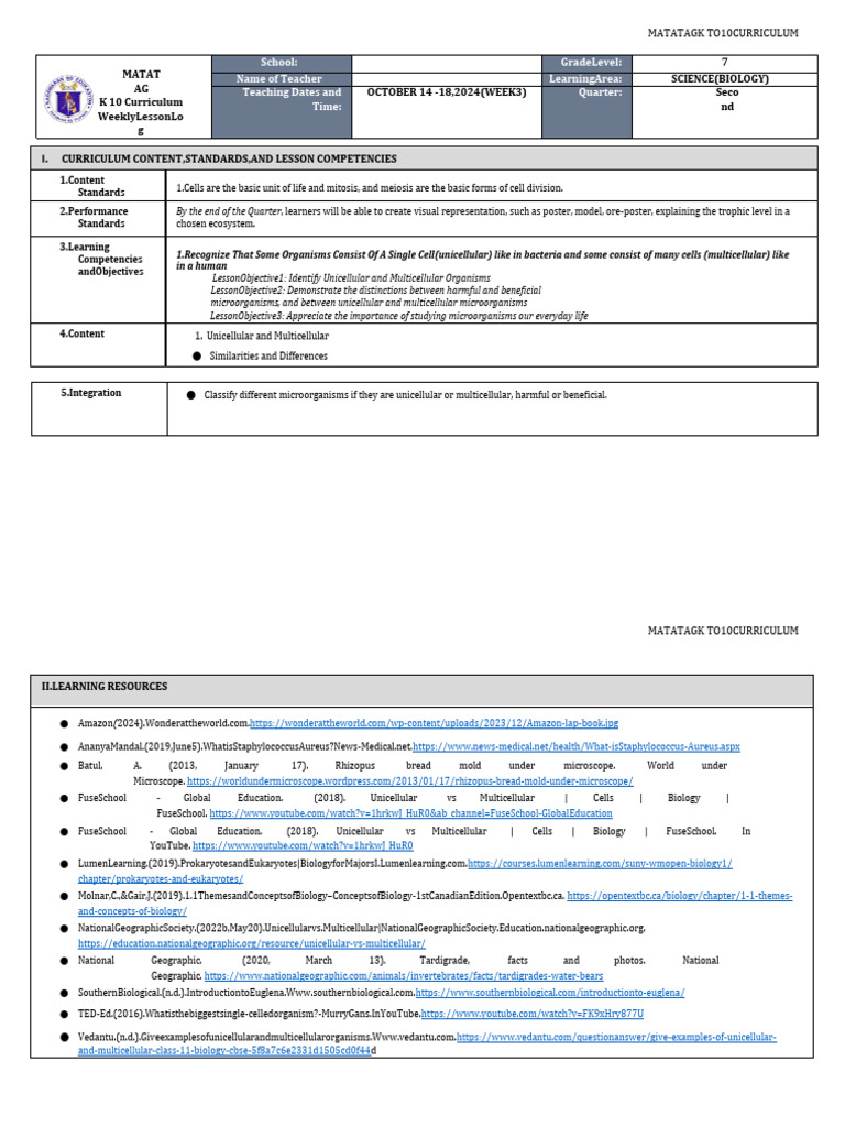 K10 Science: Unicellular vs Multicellular | PDF | Microorganism ...