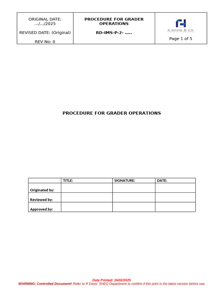 Procedure For Grader Operations | PDF | Personal Protective Equipment ...