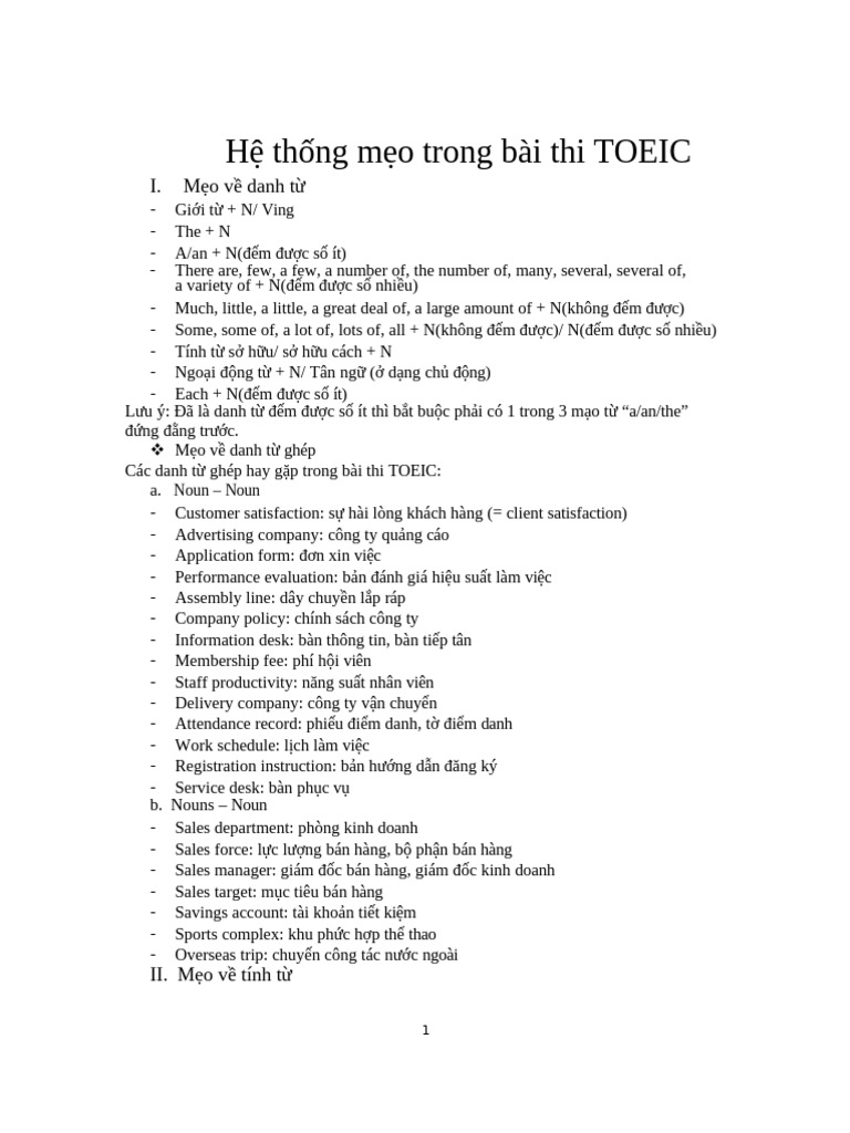 HỆ THỐNG MẸO ÁP DỤNG TRONG BÀI THI TOEIC ĐẠT 500 ĐIỂM - Thầy Nam TOEIC | PDF