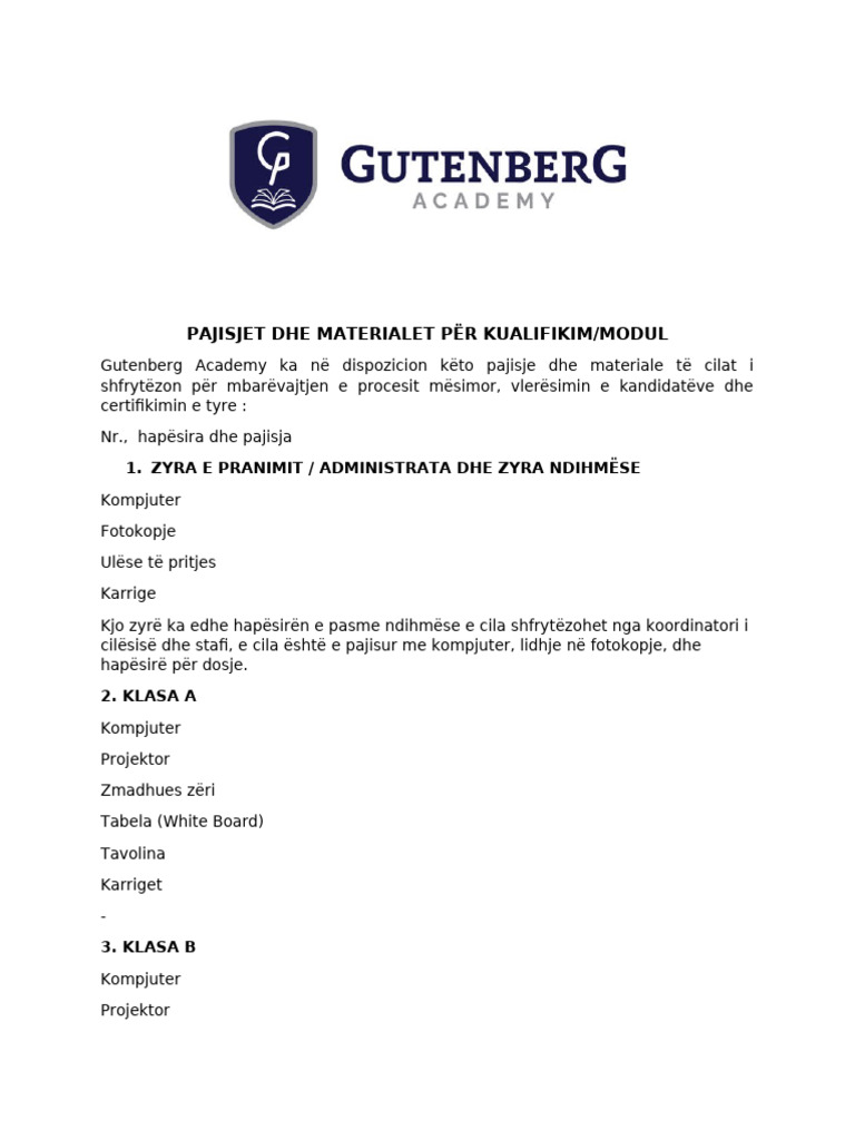 Pajisjet Dhe Materialet Për Kualifikim | PDF | Educational ...