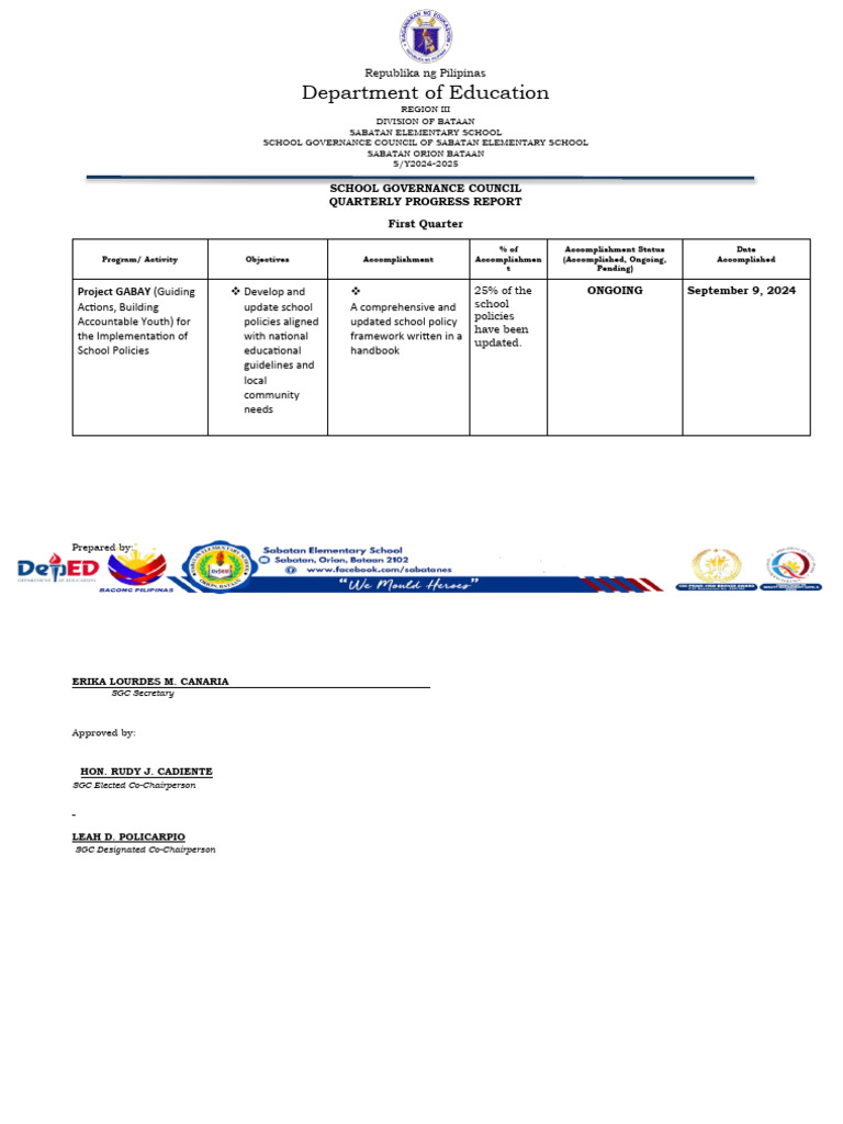 SGC-1STQuarterly-Progress-Report-PROJECT GABAY | PDF