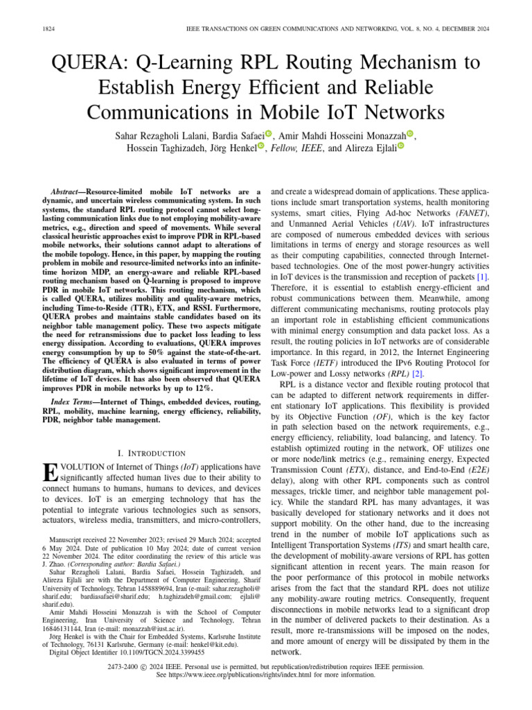QUERA Q-Learning RPL Routing Mechanism To Establish Energy Efficient and Reliable Communications ...