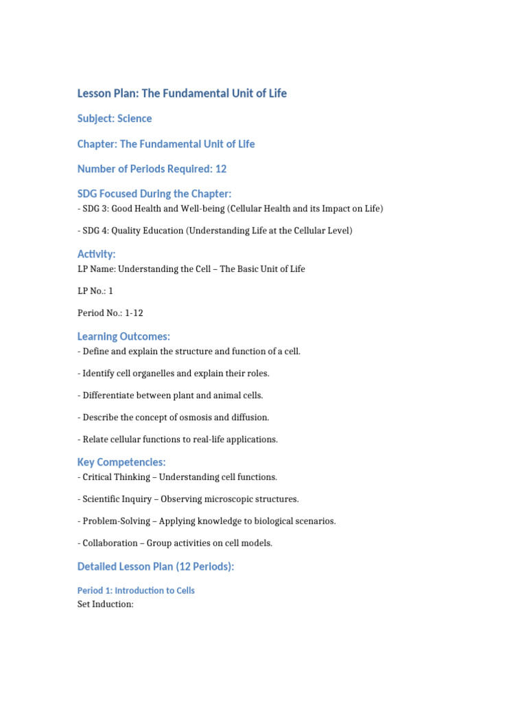 Lesson Plan Fundamental Unit of Life | PDF | Cell (Biology) | Organelle