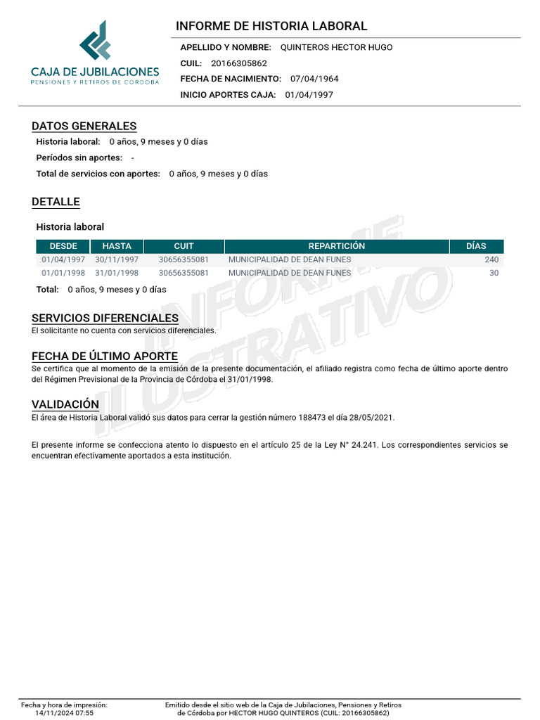 Informe de Historia Laboral Quinteros | PDF | Jubilación