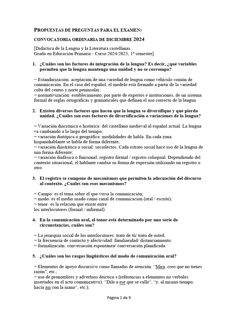 Preguntas - Examen Lengua | PDF | Palabra | Lingüística