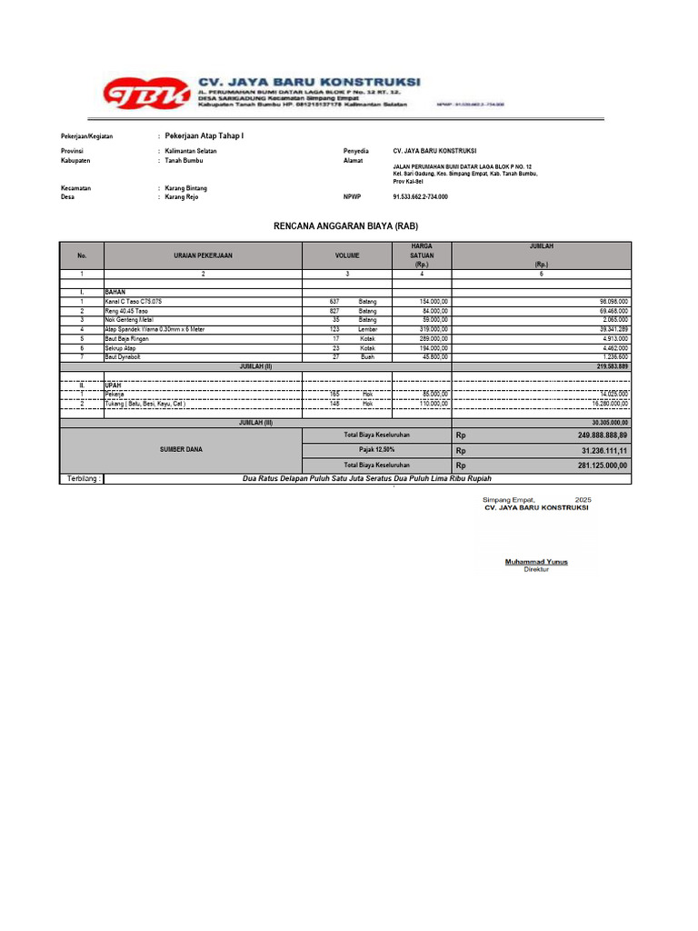 RAB PEKERJAAN ATAP TAHAP 1 rev | PDF