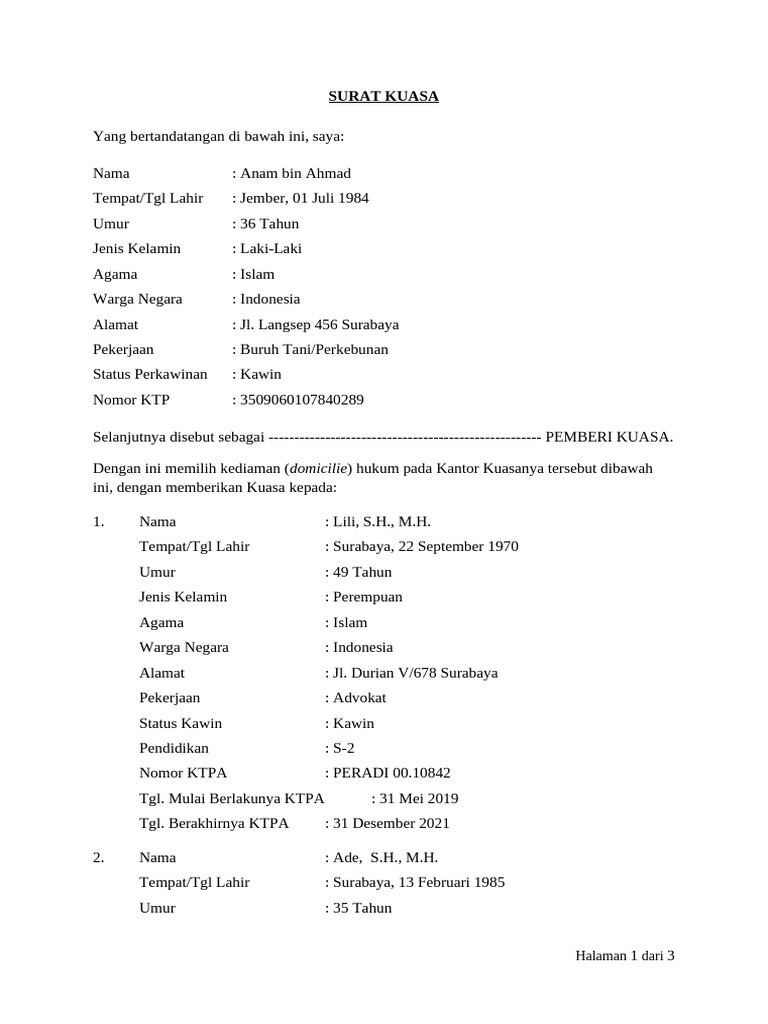 Contoh Surat Kuasa Kasus Perceraian | PDF