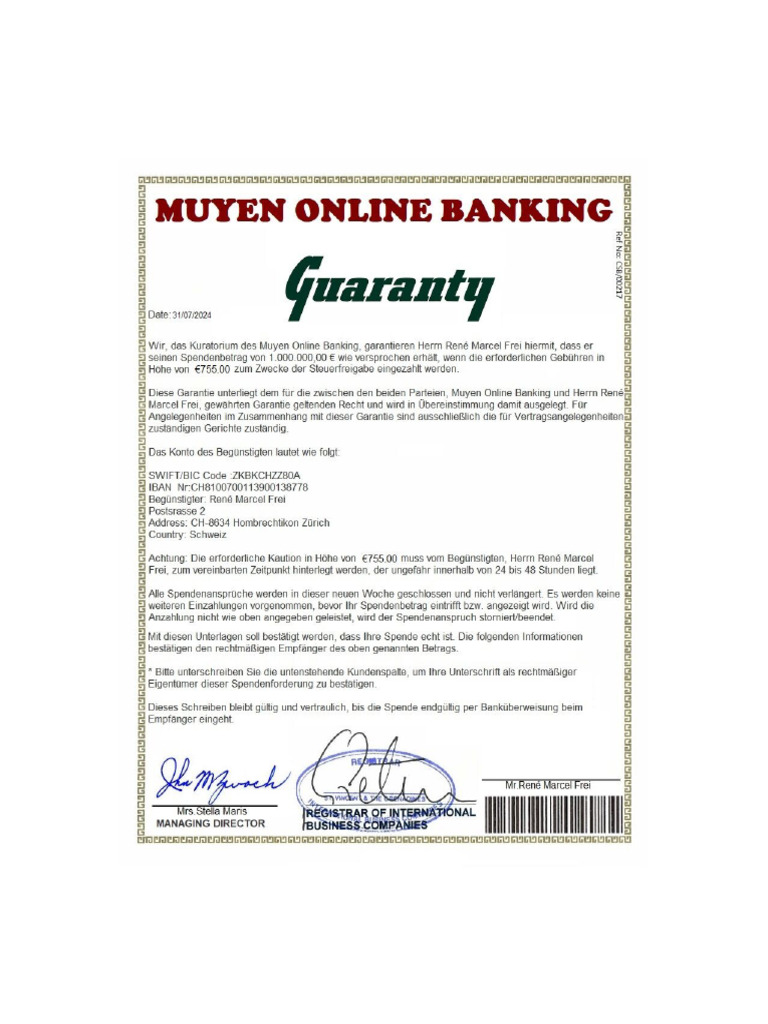 Bank Guarantee Letter (René Marcel Frei) | PDF