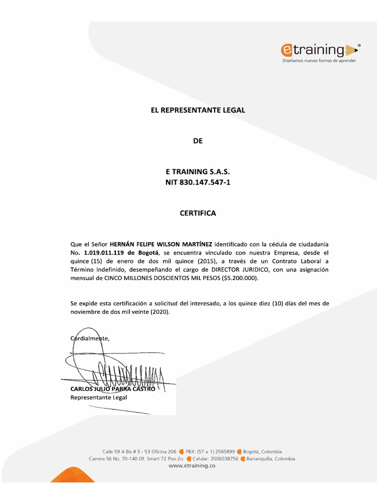 Certificación Laboral Felipe Wilson ETraining | PDF