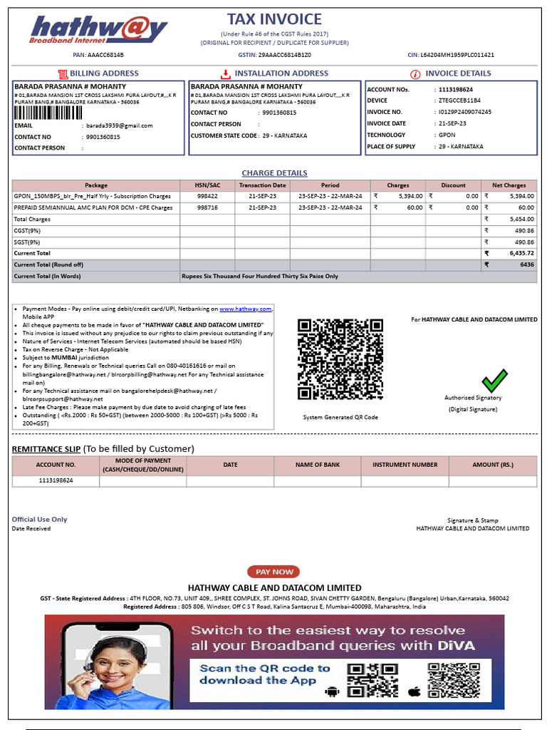Tax Invoice for Internet Services | PDF | Invoice | Payments