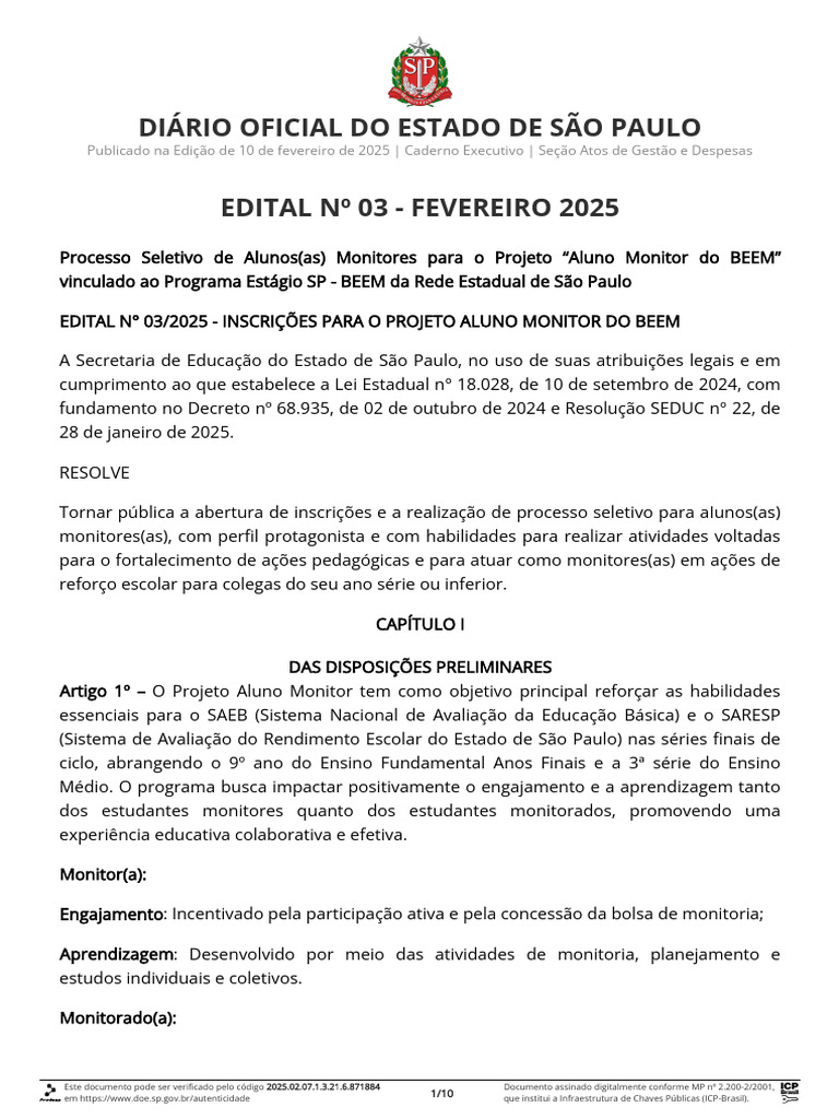Edital Aluno Monitor Do BEEM 2025 | PDF | Pedagogia | Aprendizado
