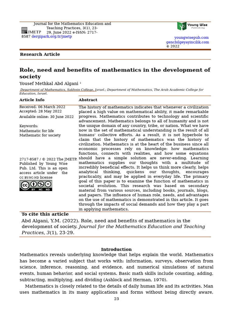 Role Need and Benefits of Mathematics in The Development of ...