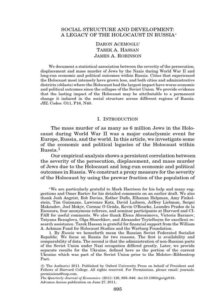 Acemoglu 2011 SOCIAL STRUCTURE DEVELOPMENT LEGACY OF HOLOCAUST IN RUSSIA | PDF | The Holocaust ...