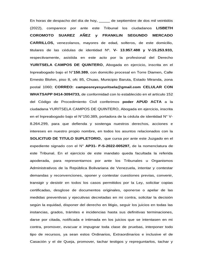 Poder Apud Acta Lisbeth y Franklin | PDF | Judicaturas | Ley Pública