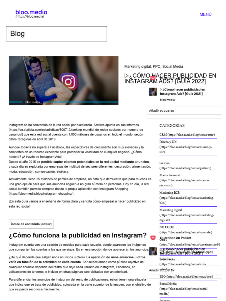 ¿Cómo Hacer Publicidad en Instagram Ads - (Guía 2022) - Bloo Media | PDF | Publicidad | Facebook