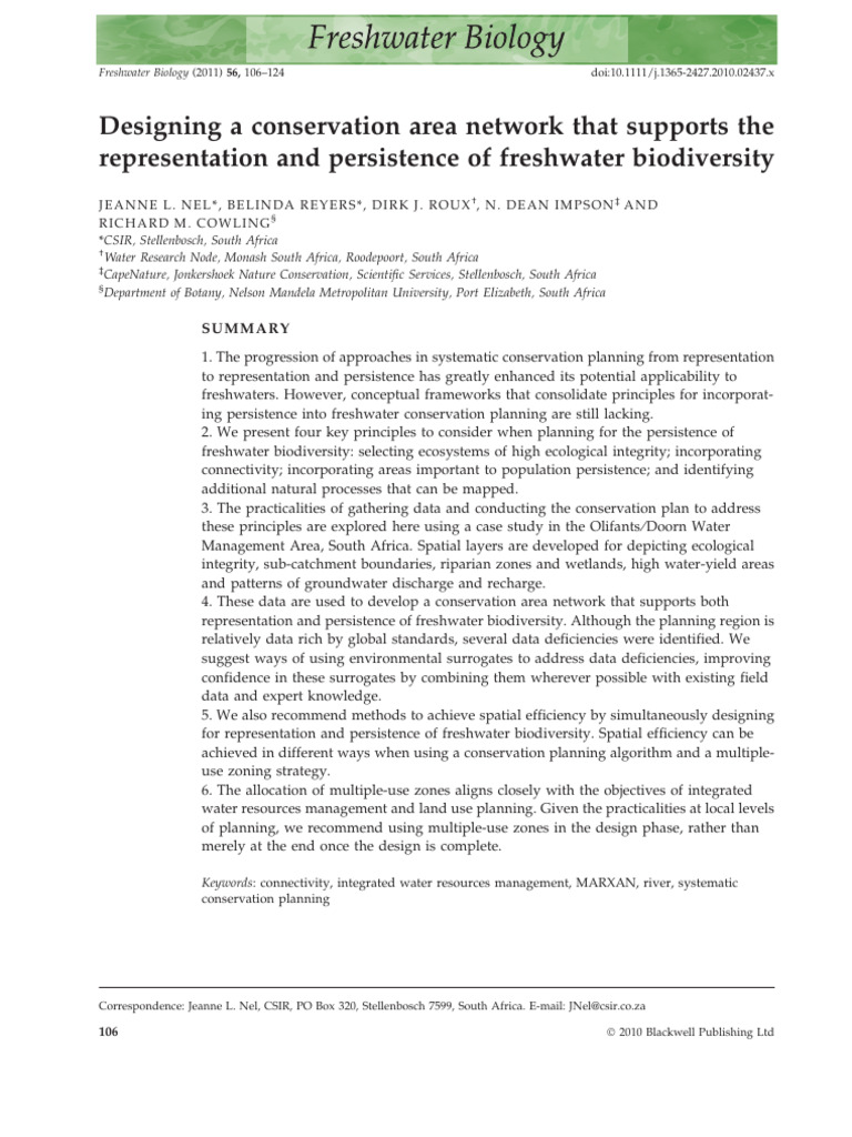 Freshwater Biology - 2010 - NEL - Designing A Conservation Area Network ...