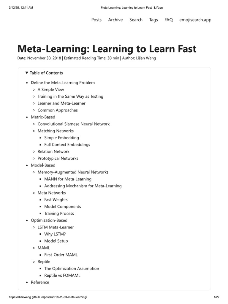 Meta-Learning - Learning To Learn Fast - Lil - Log | PDF