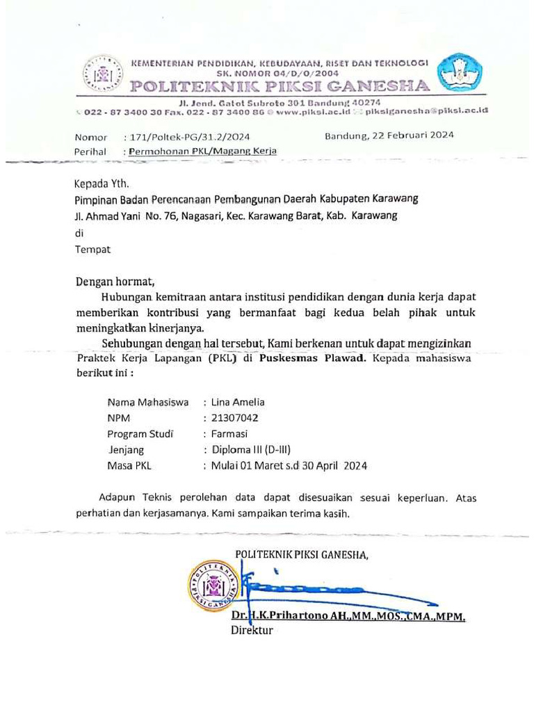 Surat Permohonan PKL | PDF